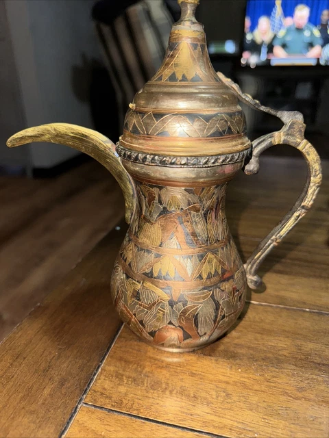 RARE ANTIQUE VINTAGE Dallah Copper Silver Brass Inlayed Egyption Coffee ...