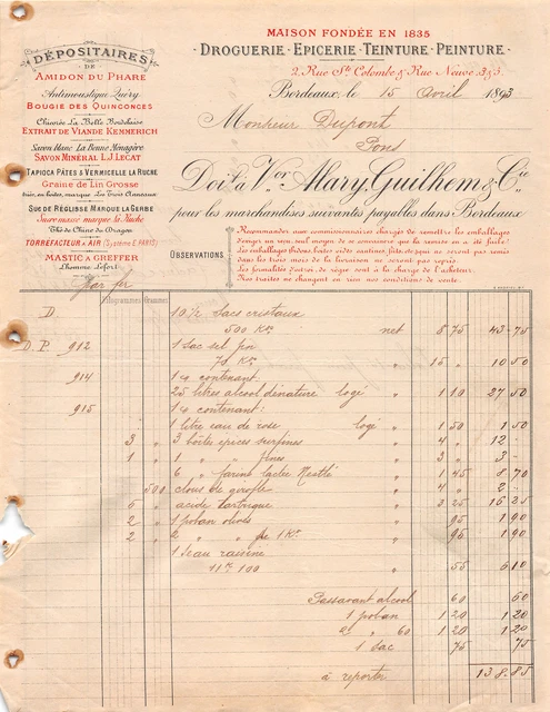 1893 DROGUERIE EPICERIE Teinture Peinture Veuve Alary Guilhem A ...