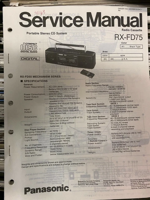 PANASONIC RX-FD75 RXFD75 Manuale di servizio **ORIGINALE** EUR 16,97 ...