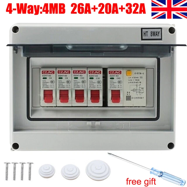 4 WAY CONSUMER Unit fuse box 4 MCB Circuit Breakers Isolator Shed ...