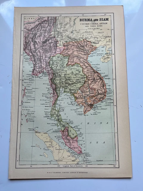 1908 ANTIQUE CHROMOLITHOGRAPH map of Burma Siam Cochin China Annam Tong ...