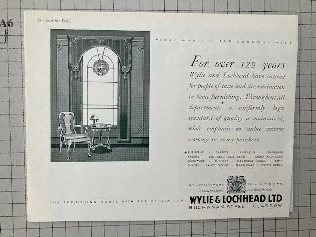 ORIGINAL VINTAGE MAGAZINE Advert 1949 Wylie & Lochhead Ltd Furnishing ...