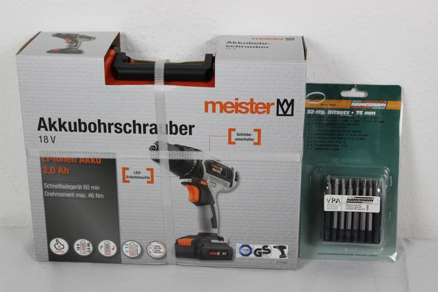 MEISTER SET AKKUBOHRSCHRAUBER 18 V, MAS18VL, 5450920+32 tlg Bitsatz 75mm lang EUR 109,99 ...
