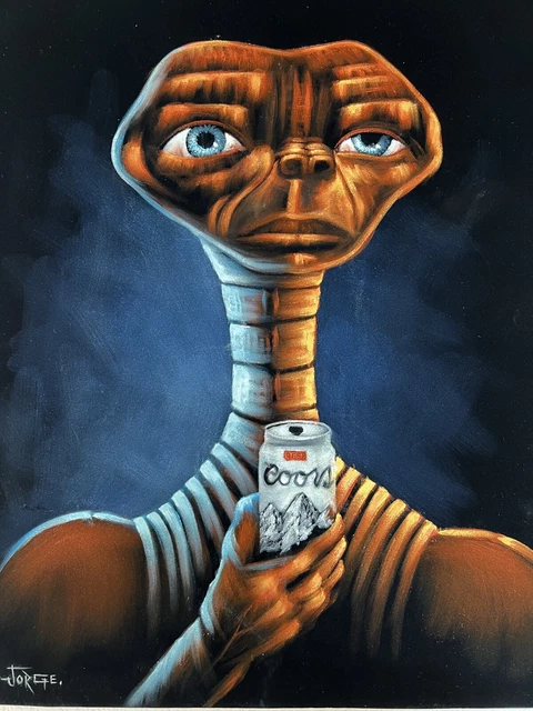 E.T. THE EXTRA-TERRESTRIAL Drinking Beer black velvet oil painting ...