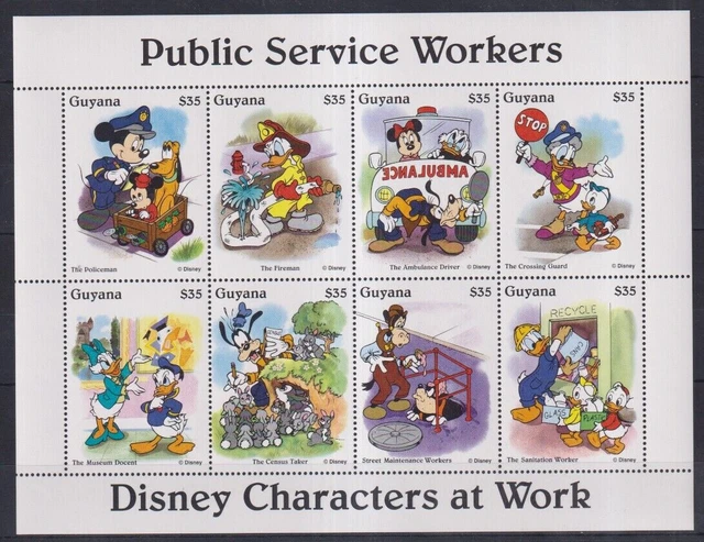 DISNEY STAMP SHEET Guyana PUBLIC SERVICE WORKERS Set of 7 + Label Mint ...