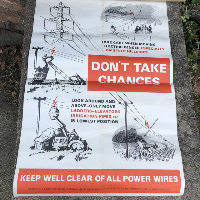 VINTAGE ELECTRICITY COUNCIL Safety Warning Poster 1970s Stage Film Prop ...