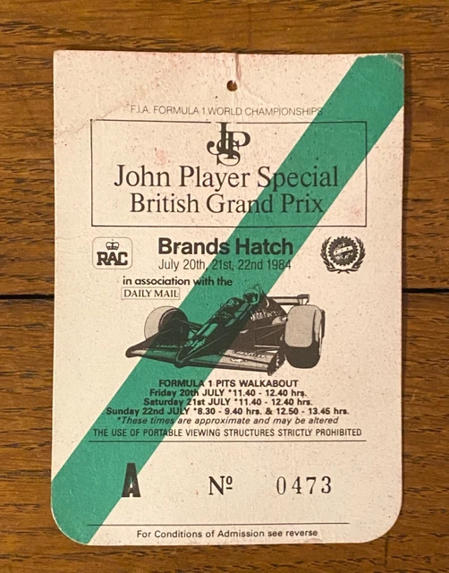 JOHN PLAYER BRITISH Grand Prix Original Guest Pass Entry Ticket 20-22 ...