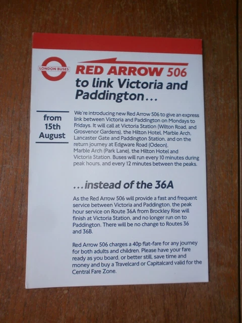 LONDON TRANSPORT TIMETABLE Leaflet-Red Arrow Route 506, 1988 £1.00 ...