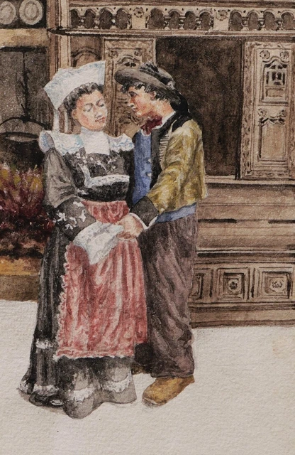 DESSIN AQUARELLE BRETAGNE Breton Bretonne lit clos amoureux couple ...