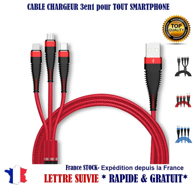 CABLE 3 EN 1 chargeur Type C Micro usb iPhone android Samsung LG Sony ...