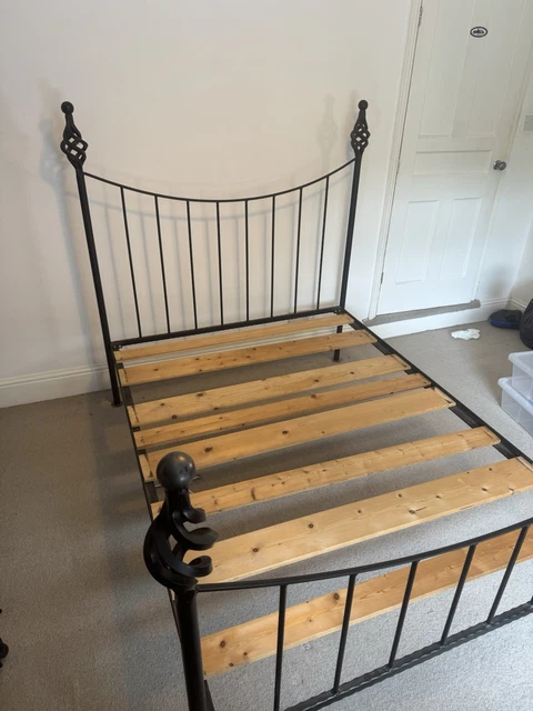 BLACK METAL DOUBLE Bed Frame with Headboard & Footboard, Wooden Slats £ ...