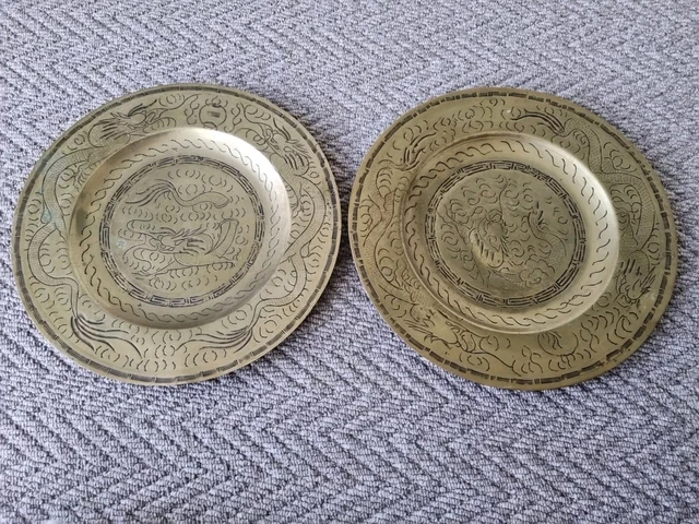 ANTIQUE VINTAGE CHINESE Round Brass Dragon Plates £22.00 - PicClick UK