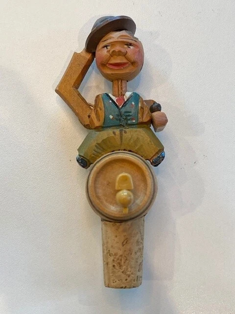 VINTAGE ITALIAN NODDING Man barrel hat Carved Wooden Cork Wine Bottle ...