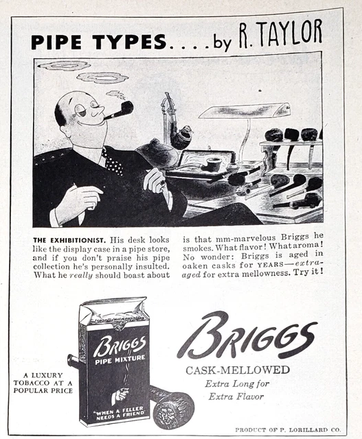 PRINT AD 1945 Pipe Types Cartoon R. Taylor Briggs Cask Mellowed Tobacco ...