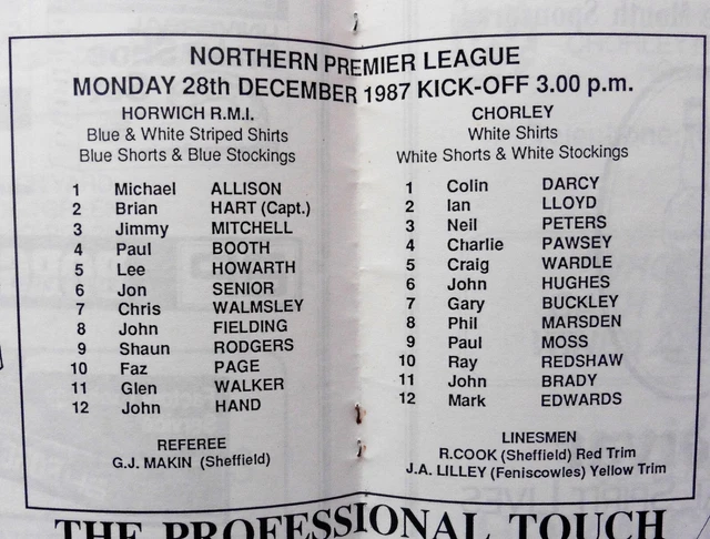 HORWICH RMI V Chorley 28/12/1987 Northern Premier League £1.99 ...