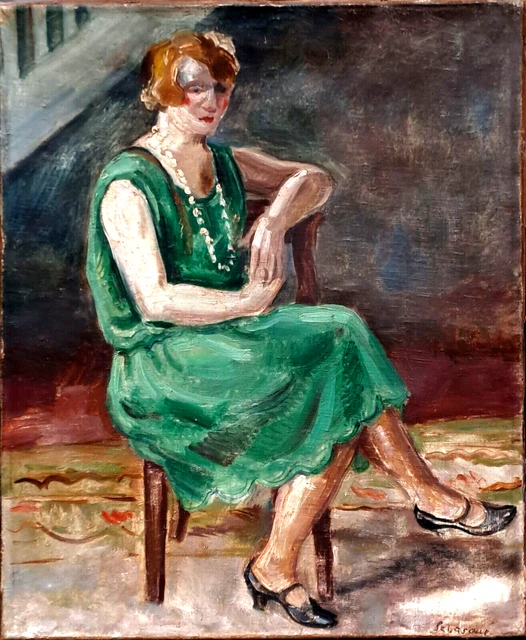 ANCIEN TABLEAU HUILE sur toile Portrait " Femme assise au collier ...