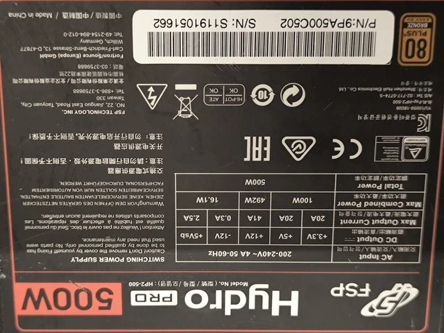 FSP HYDRO PRO 500W Power Supply - Used, Fully Working, 80 Plus Bronze ...