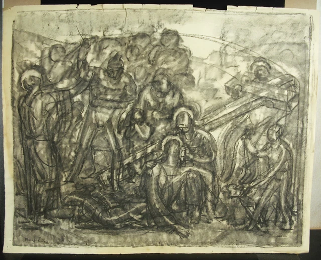 MARCEL LENOIR DRAWING Charcoal Crucifixion Path Cross Jesus Scene ...