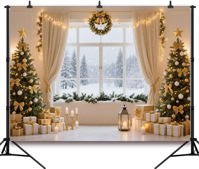 7X5 FT MERRY Christmas Backdrop with Snow Scene, Xmas Tree Wreath Bell ...