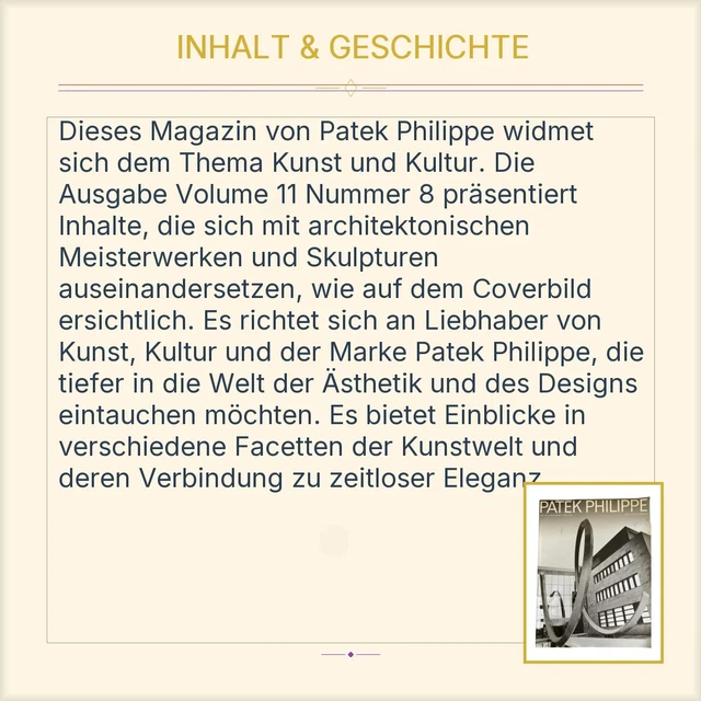 PATEK PHILIPPE MAGAZINE Art Culture Numéro 11 Nr 8 EUR 3,95 - PicClick FR