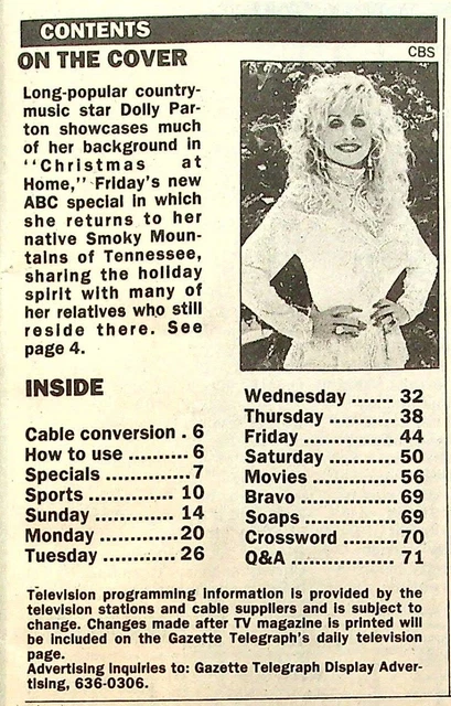 VINTAGE TV MAGAZINE December 16-22 1990 Dolly Parton Christmas at Home ...