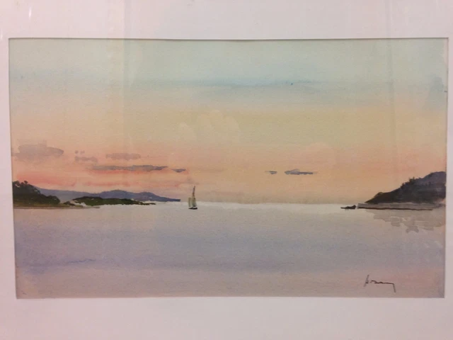 HENRI DAVY - Aquarelle encadrée dessin drawing peinture voilier dans la baie** EUR 65,00 ...