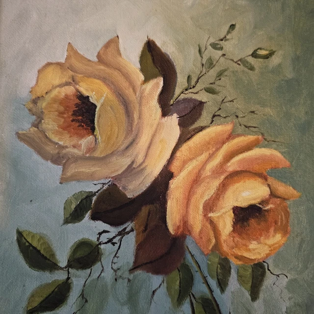 VINTAGE ORIGINAL OIL Painting Yellow Roses Anne Potts Australian Artist ...