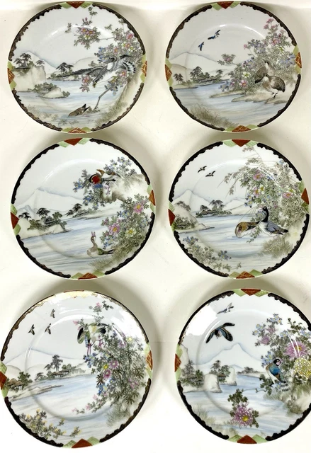 6 MEIJI Era Hand Painted Signed Satsuma Porcelain 7 1/4” Bird Plates ...