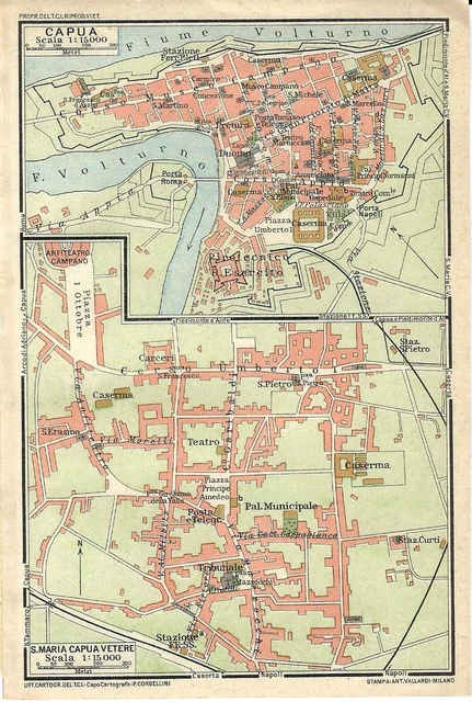 CARTA GEOGRAFICA ANTICA CAPUA e S. MARIA CAPUA VETERE TCI 1928 Old ...