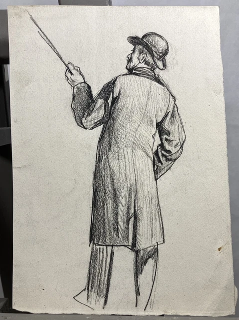 ANTIQUE IMPRESSIONIST DRAWING Man With Cane Handwritten Note On The ...