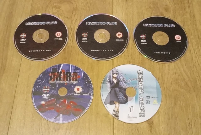 5 MANGA ANIMATED DVDs Disc Only, Akira, Macross Plus, Elemental Glade ...
