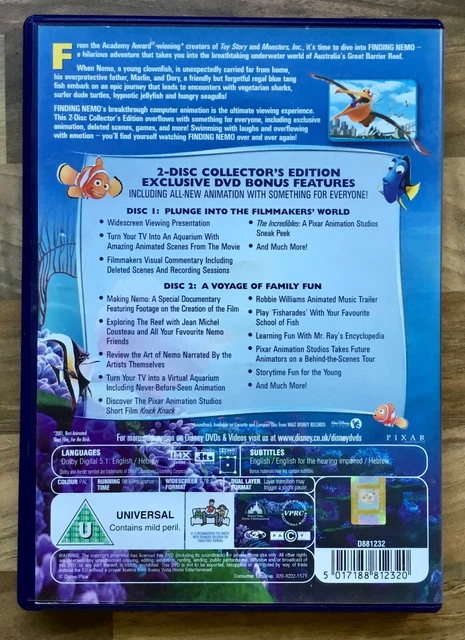 FINDING NEMO - Disney Pixar Double Disc Dvd Includes Bonus Disc ...