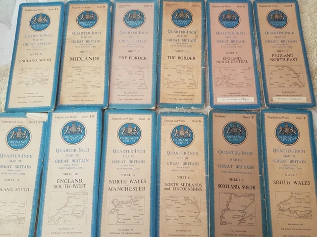 VINTAGE 1945/46 OS QUARTER INCH MAP OF GB fourth ed - job lot of 12 inc ...
