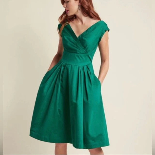MODCLOTH EMILY & Fin emerald green 100% cotton postures midi dress size ...
