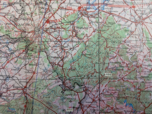 WW2 BRITISH MAP featuring HURTGEN FOREST, AACHEN, MONSCHAU, EINDHOVEN ...