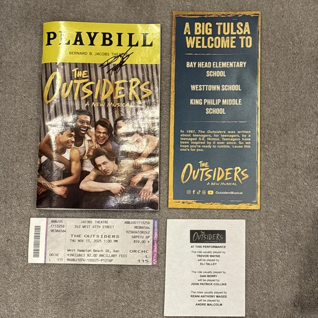 OUTSIDERS MUSICAL PLAYBILL Ticket 13 November 2025 Broadway SIGNED Eli ...