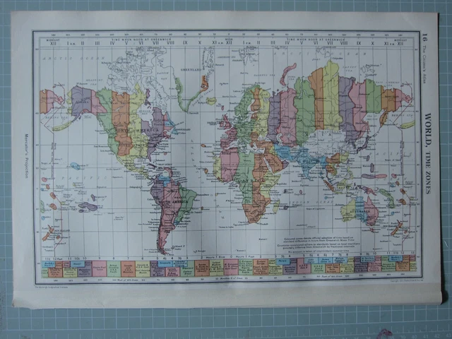 1952 MAP ~ World Time Zones Africa Europe India Russia North America ...