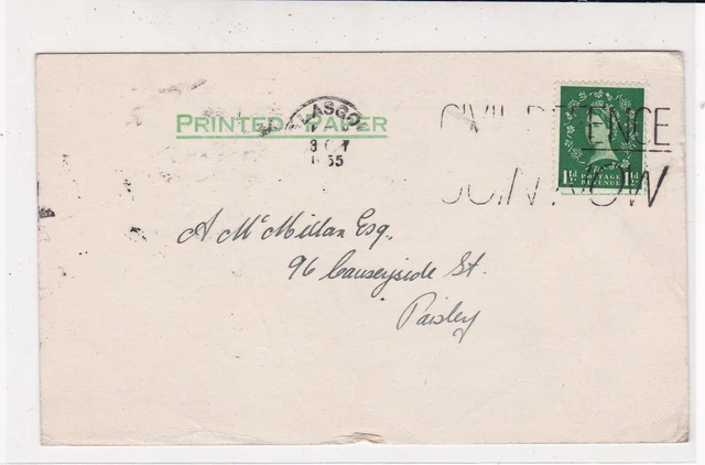ENGLAND 1955 GLASGOW Cancel Civil Defence Slogan Phil. Soc. Stamp Card ...