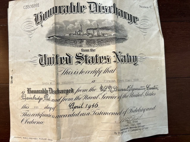 RARE - US NAVY Original Honorable DISCHARGE Certificate For African ...