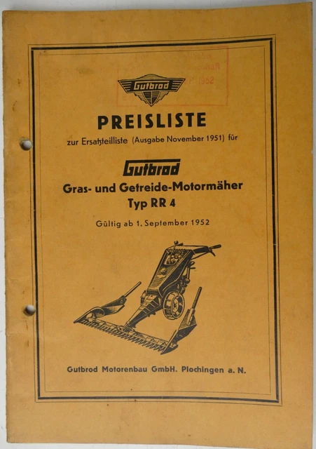 GUTBROD PREISLISTE ZUR Ersatzteilliste Gras und Getreide Motormäher RR4 ...