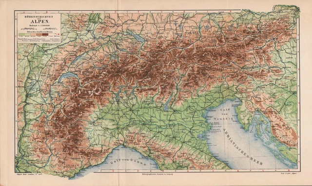 ANTIQUE MAP. PHYSICAL MAP OF ALPS & LANDS AROUND. Circa 1905 £8.32 ...
