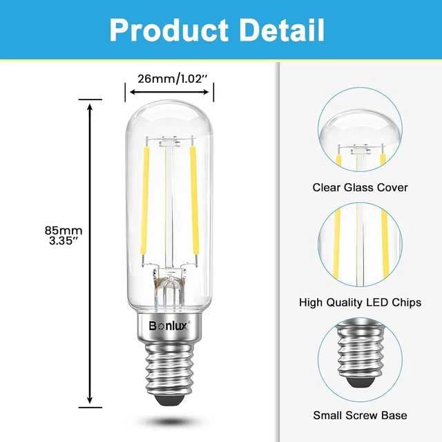 BONLUX COOKER HOOD Bulbs, 4W E14 Extractor Fan Light Bulb, T25 Tubular ...