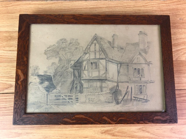 VINTAGE ORIGINAL PENCIL Drawing Sketch Of A Country House In A Wooden ...