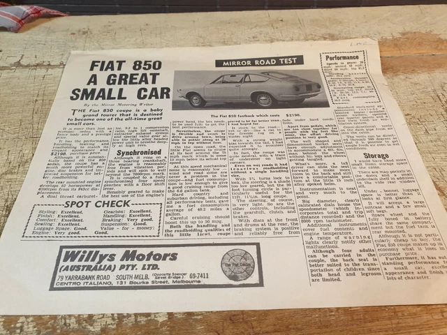 1970 ? FIAT 850 FASTBACK Australian ROAD TEST Sales Leaflet $9.95 ...