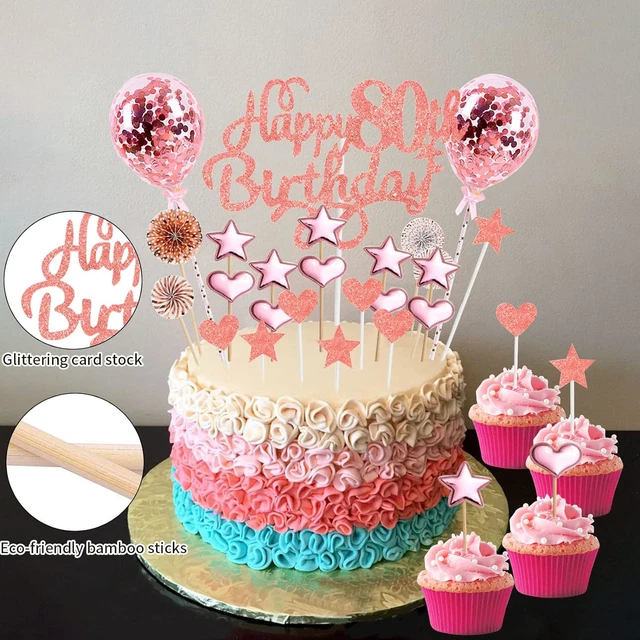 80th Birthday Cake Topper Rose Gold With Star Heart Paper Fan