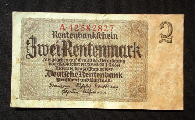OLD BANK NOTE Of Third Reich Germany 2 Rentenmark 1937 No. A*42582827 £ ...