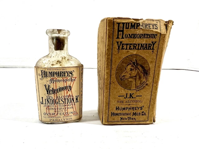 ANTIQUE HUMPHREYS JK MEDICINE Horse Glass Bottle W Orig Box Label Book ...