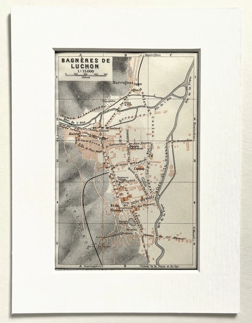 BAGNERES DE LUCHON Town City Plan FRANCE - 1907 Mounted Antique Map £8. ...