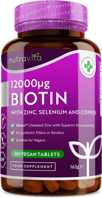 BIOTIN HAIR GROWTH Supplement 12,000mcg with Zinc, Selenium & Copper ...