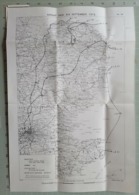 1930 WW1 MAP ZEPPELIN ENGLAND AIRSHIP RAID 8-9th SEPT 1915 DAMAGE ...